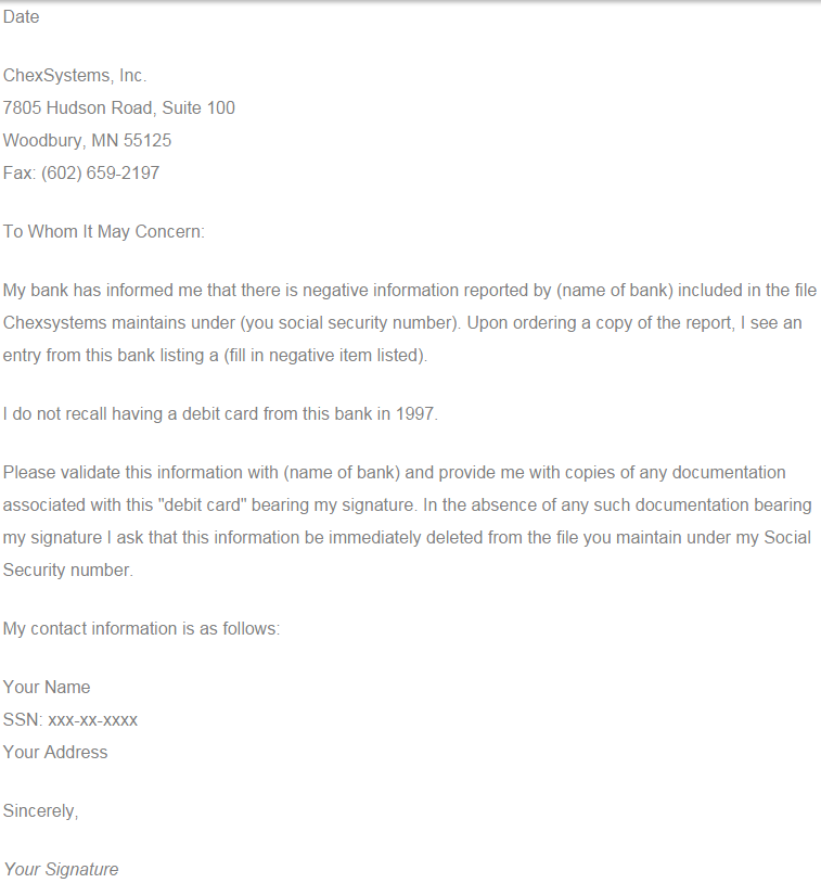 Chexsystems Dispute Letter Template